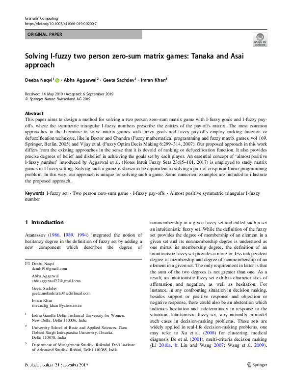 (PDF) Solving I-fuzzy two person zero-sum matrix games: Tanaka and Asai approach