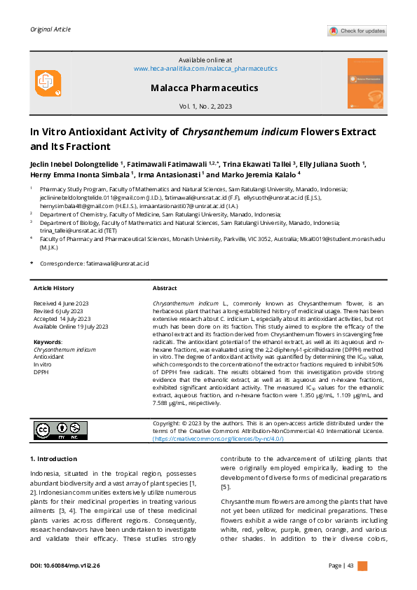 (PDF) In Vitro Antioxidant Activity of Chrysanthemum indicum Flowers ...