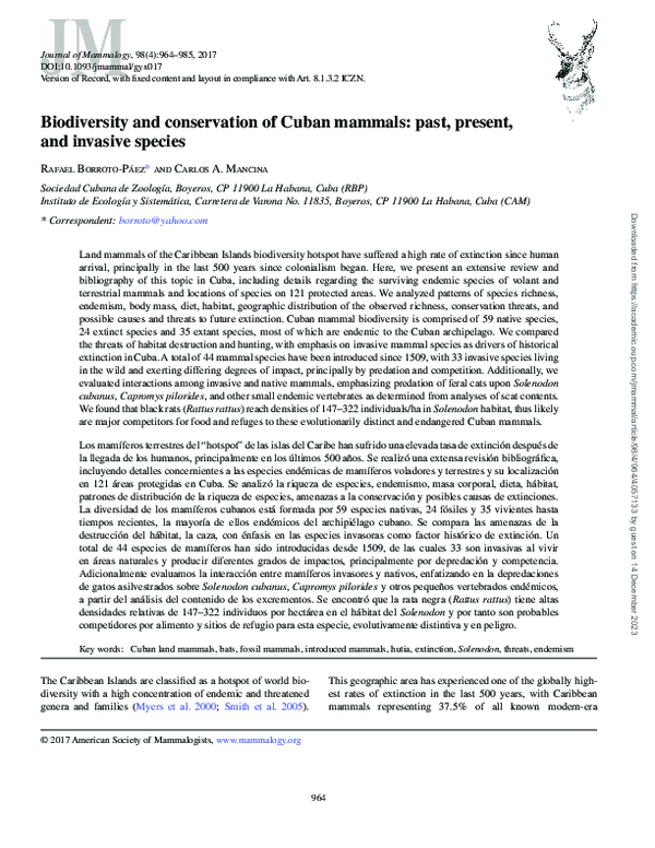 (PDF) Biodiversity and conservation of Cuban mammals: past, present ...