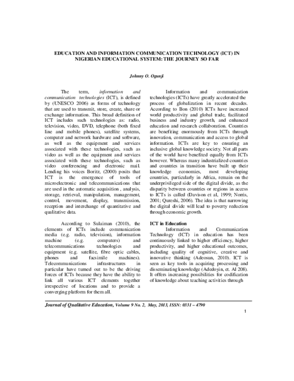 Pdf Education And Information Communication Technology Ict In Nigerian Educational System