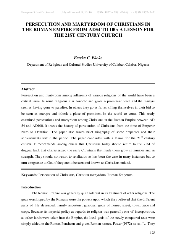(PDF) Persecution and Martyrdom of Christians in the Roman Empire from ...