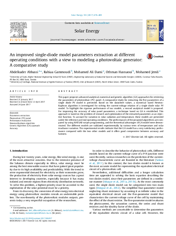 Pdf An Improved Single Diode Model Parameters Extraction At Different