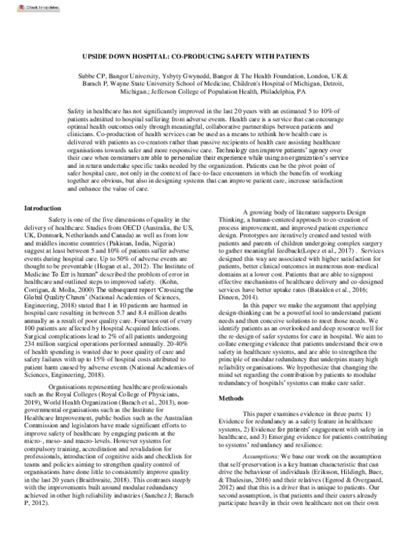 (PDF) Upside Down Hospital: Co-Producing Safety With Patients