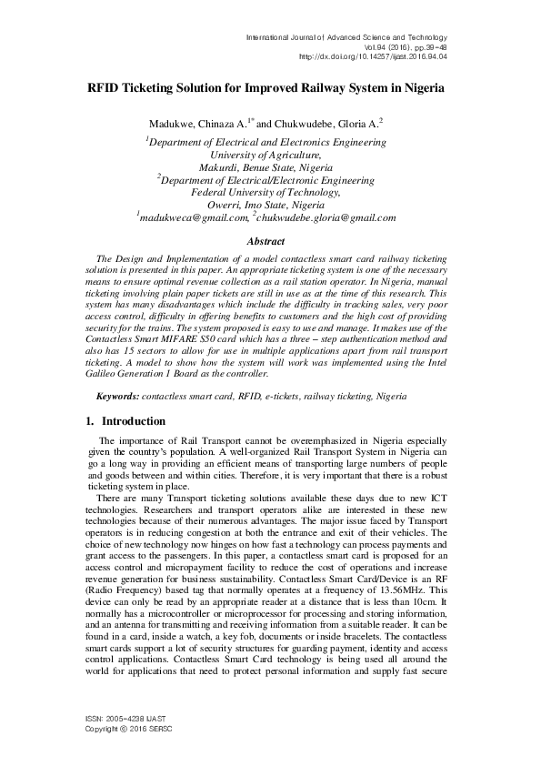 (PDF) RFID Ticketing Solution for Improved Railway System in Nigeria