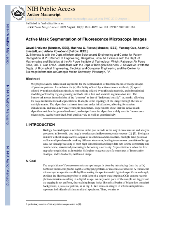 (PDF) Active Mask Segmentation of Fluorescence Microscope Images | Gowri Srinivasa - Academia.edu