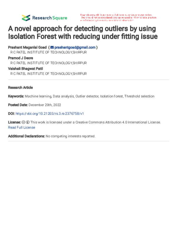(PDF) A novel approach for detecting outliers by using Isolation Forest with reducing under ...