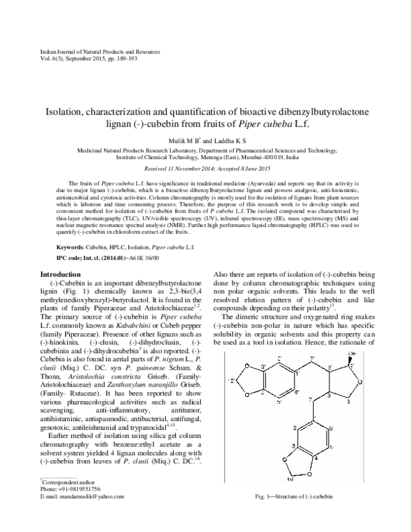 (PDF) Isolation, characterization and quantification of bioactive dibenzylbutyrolactone lignan ...
