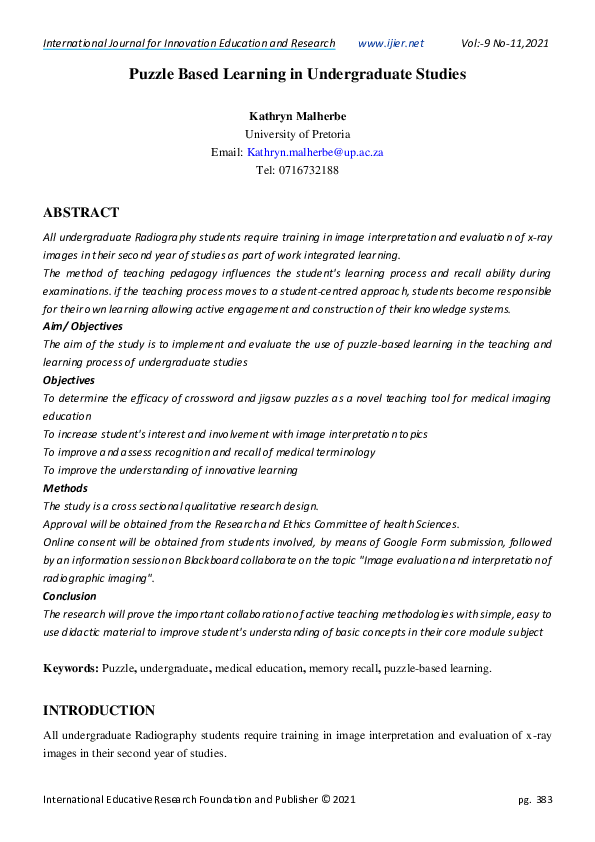 (PDF) Puzzle Based Learning in Undergraduate Studies