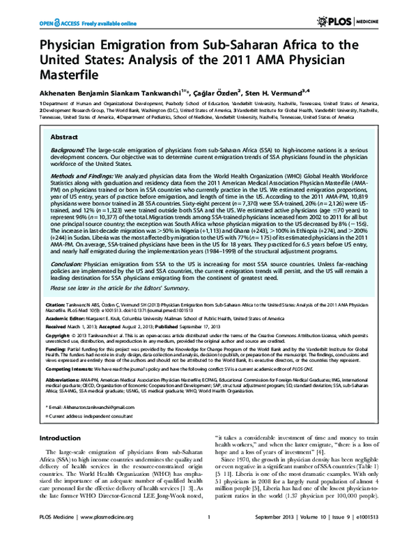 (PDF) Physician Emigration from Sub-Saharan Africa to the United States ...