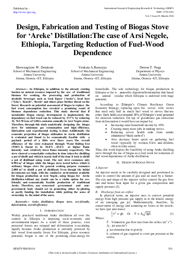 (PDF) Design, Fabrication and Testing of Biogas Stove for ‘Areke ...
