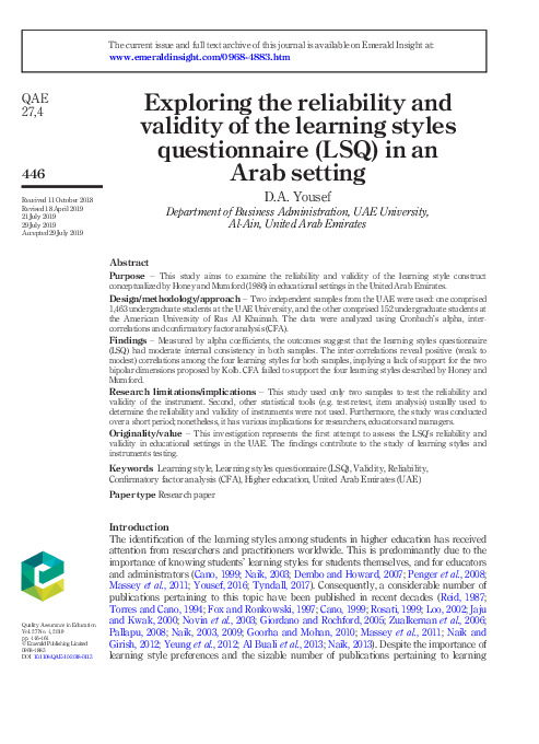 (PDF) Exploring the reliability and validity of the learning styles ...