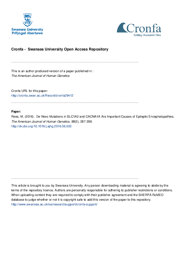 (PDF) De Novo Mutations in SLC1A2 and CACNA1A Are Important Causes of ...