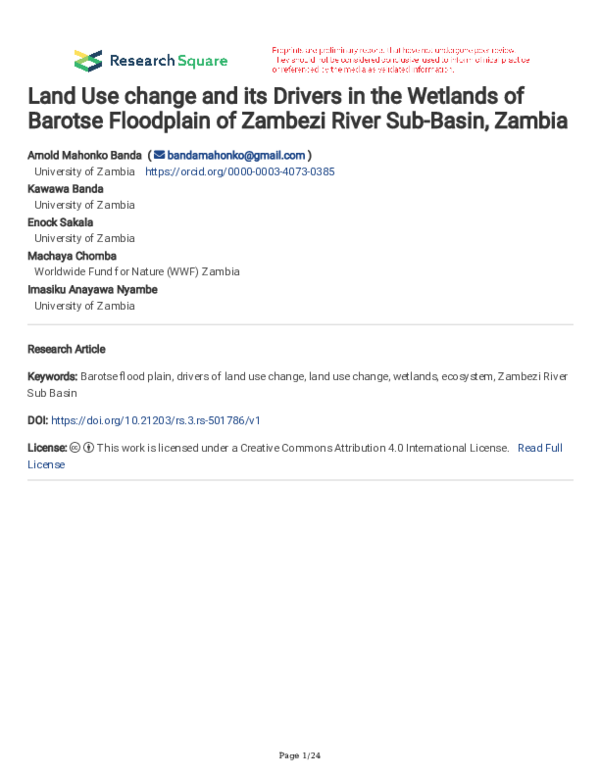 (PDF) Land Use change and its Drivers in the Wetlands of Barotse ...
