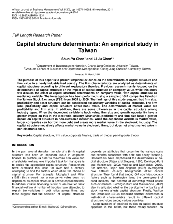(PDF) Capital structure determinants: An empirical study in Taiwan