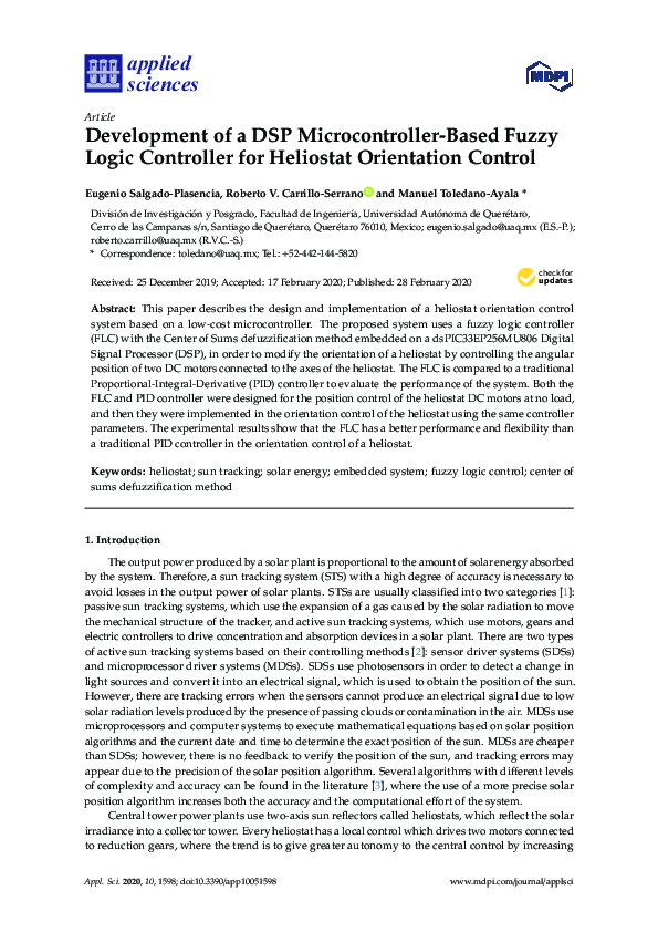 (PDF) Fuzzy Logic Controller for Heliostat Orientation Control