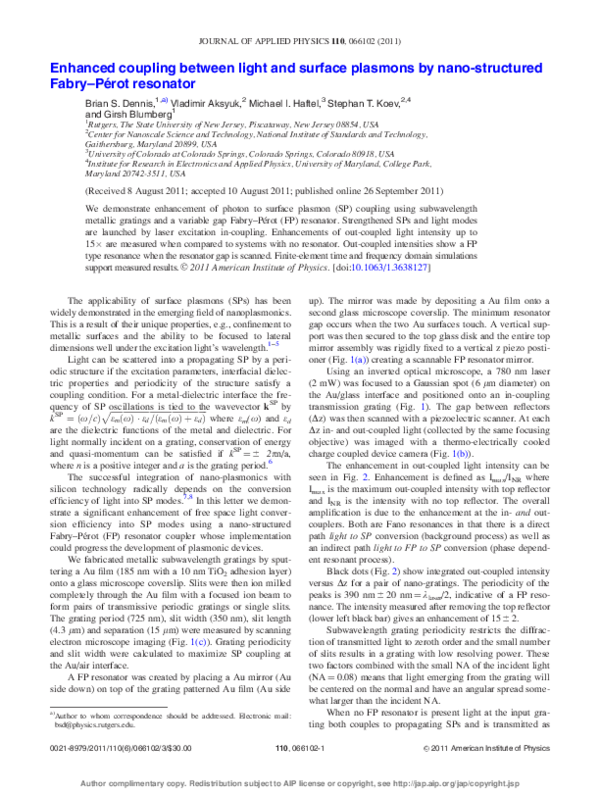 (PDF) Enhanced coupling between light and surface plasmons by nano-structured Fabry–Pérot resonator