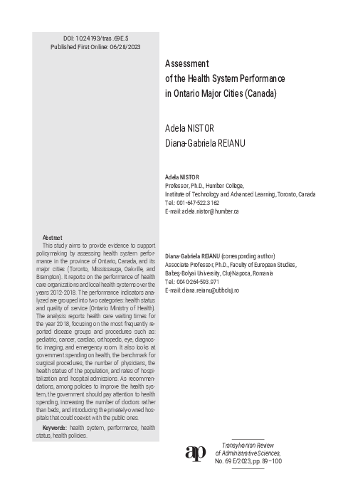 (PDF) Assessment of the Health System Performance in Ontario Major ...