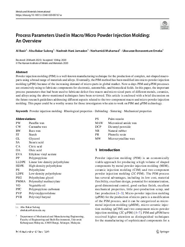 (PDF) Process Parameters Used in Macro/Micro Powder Injection Molding ...