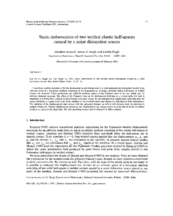(PDF) Static deformation of two welded elastic half-spaces caused by a ...