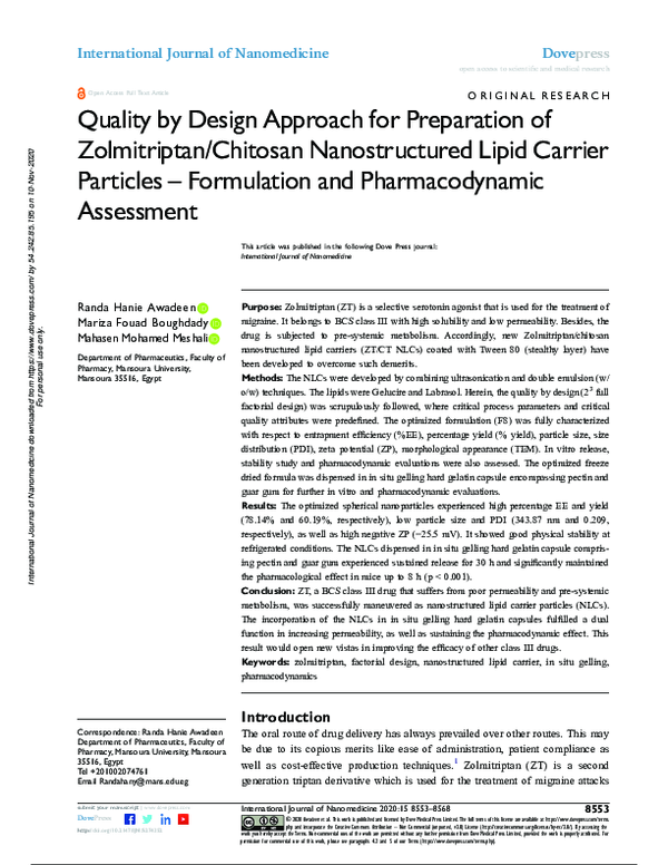 (PDF) Quality by Design Approach for Preparation of Zolmitriptan/Chitosan Nanostructured Lipid ...