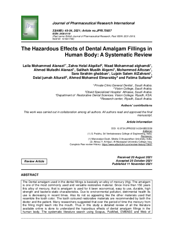 (PDF) The Hazardous Effects of Dental Amalgam Fillings in Human Body: A ...