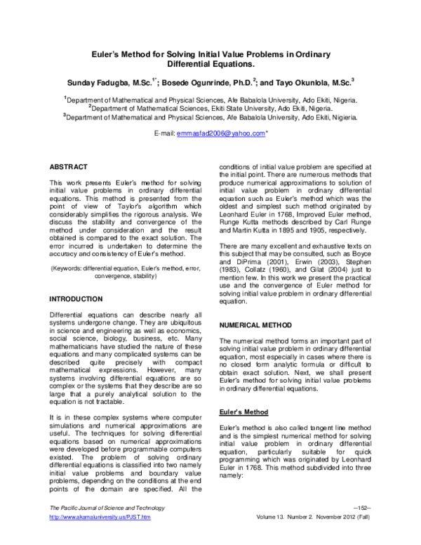 (PDF) Euler's Method for Solving Initial Value Problems in Ordinary Differential Equations