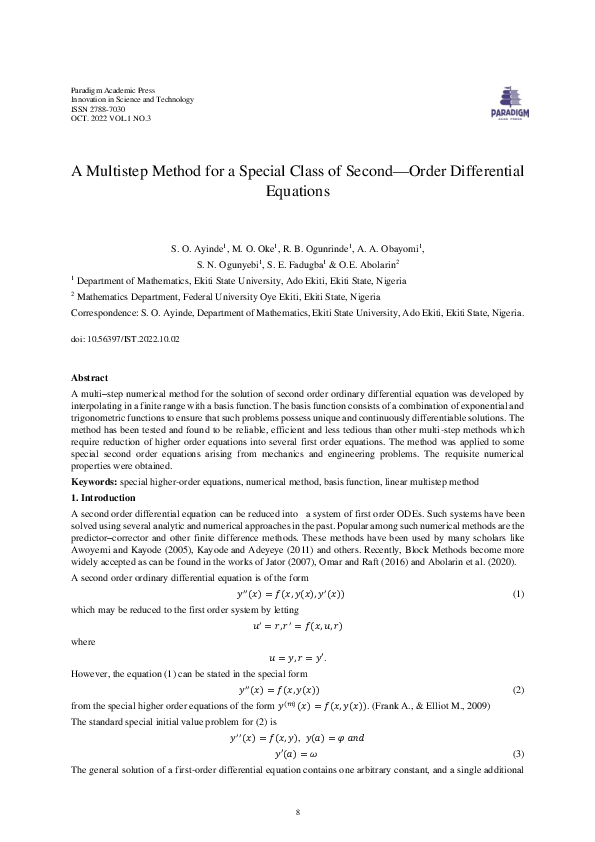 Pdf A Multistep Method For A Special Class Of Second—order Differential Equations
