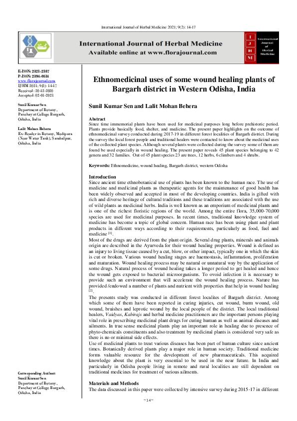 (PDF) Ethnomedicinal uses of some wound healing plants of Bargarh district in Western Odisha, India