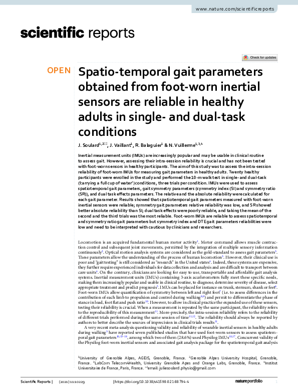 (PDF) Spatio-temporal gait parameters obtained from foot-worn inertial sensors are reliable in ...