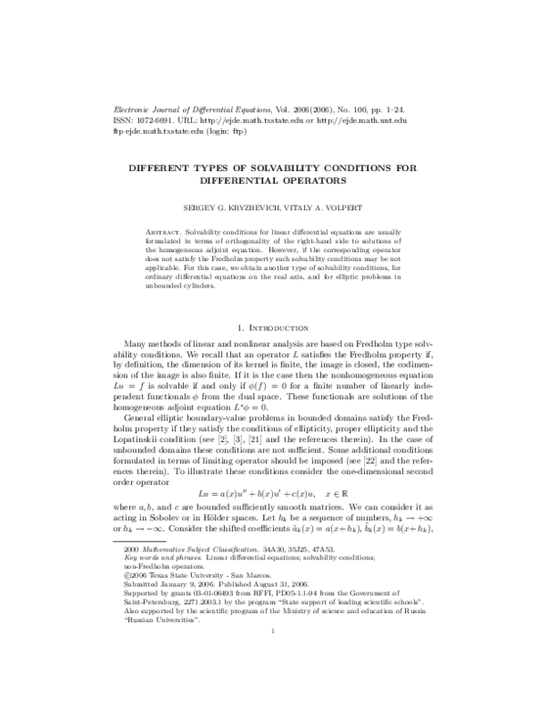 (PDF) Different Types of Solvability Conditions for Differential Operators