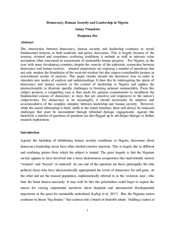 (DOC) Democracy, Human Security and Leadership in Nigeria