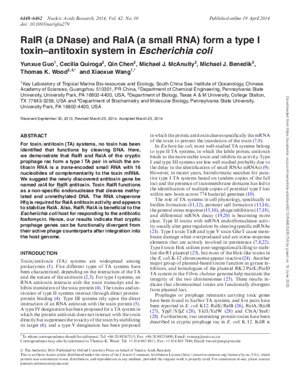 (PDF) RalR (a DNase) and RalA (a small RNA) form a type I toxin ...