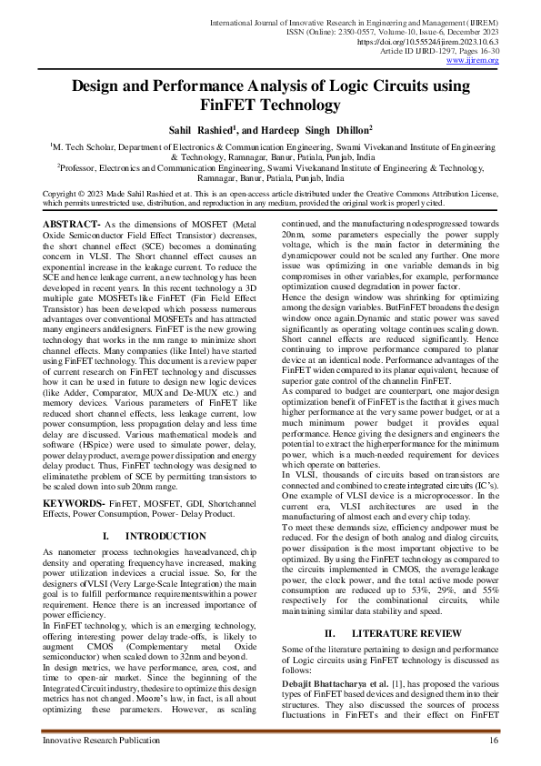(PDF) Design and Performance Analysis of Logic Circuits using FinFET Technology