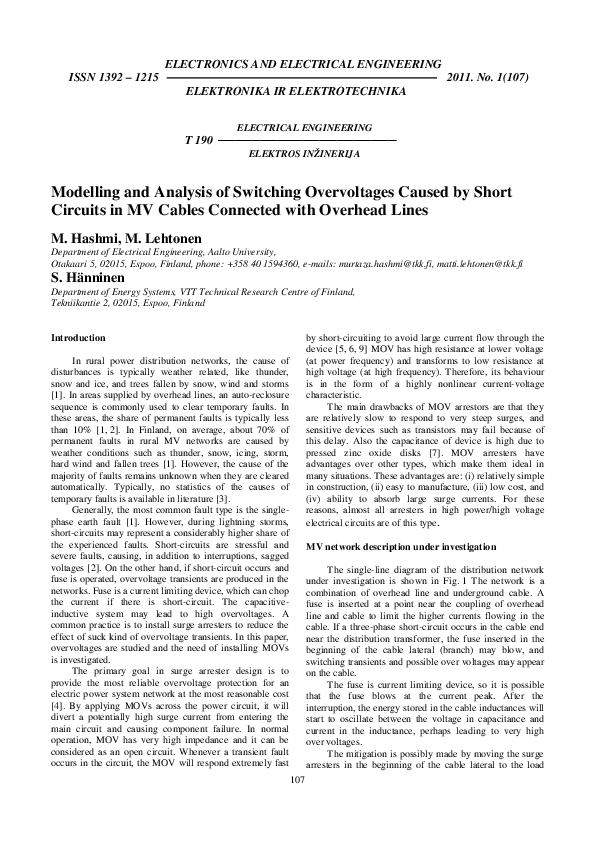 (PDF) Modelling and analysis of switching overvoltages caused by short ...