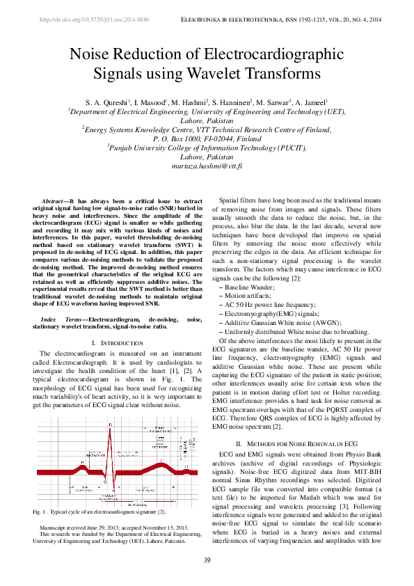 (PDF) Noise Reduction of Electrocardiographic Signals using Wavelet Transforms