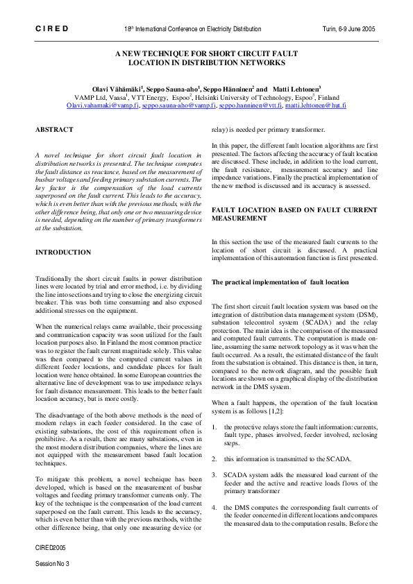 (PDF) A new technique for short circuit fault location in distribution networks