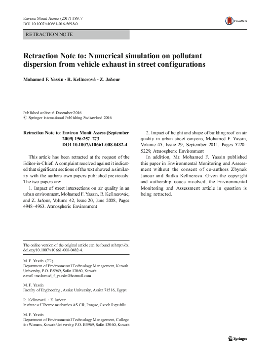 (PDF) Retraction Note to: Numerical simulation on pollutant dispersion from vehicle exhaust in ...