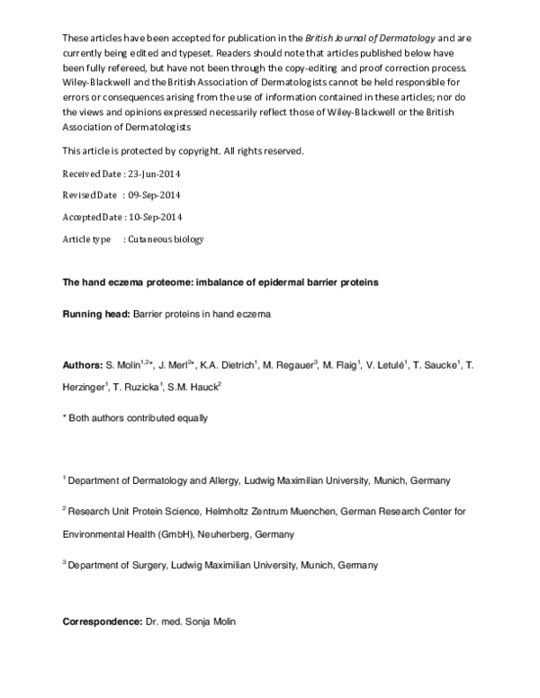(PDF) The hand eczema proteome: imbalance of epidermal barrier proteins