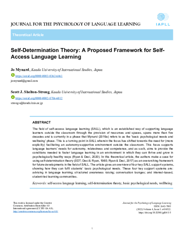 (PDF) Self-Determination Theory: A Proposed Framework for Self-Access Language Learning