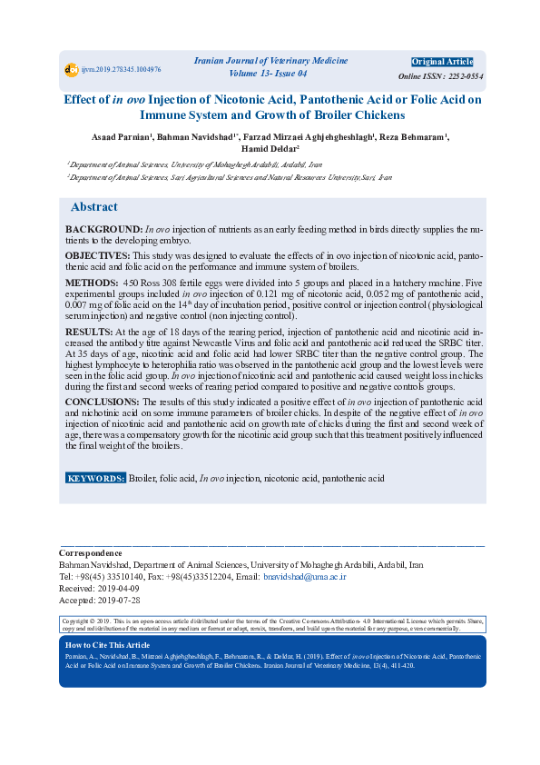(PDF) Effect of in ovo Injection of Nicotonic Acid, Pantothenic Acid or ...