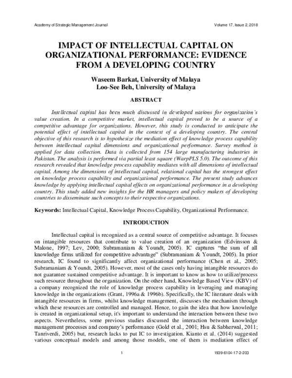 (PDF) Impact of Intellectual Capital on Organizational Performance ...
