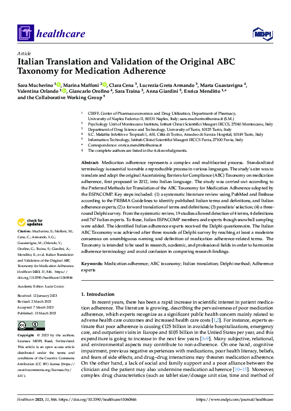 Pdf Italian Translation And Validation Of The Original Abc Taxonomy For Medication Adherence