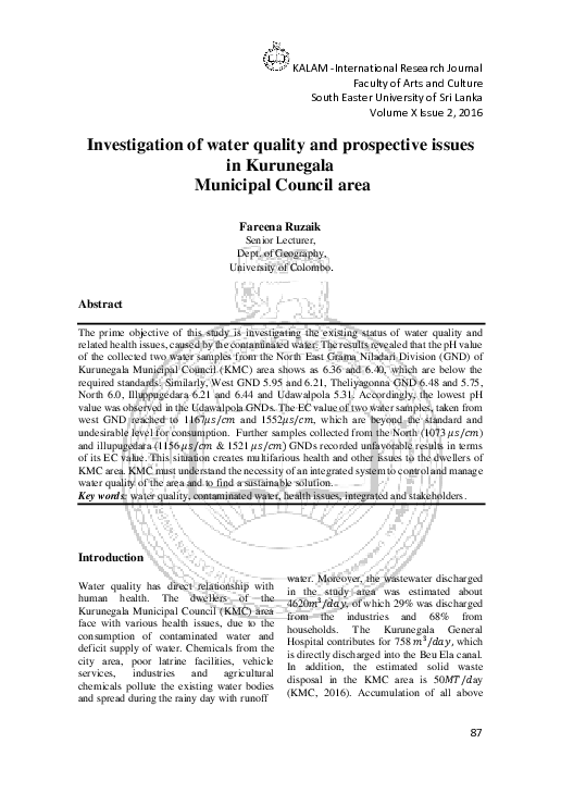 (PDF) Investigation of water quality and prospective issues in ...