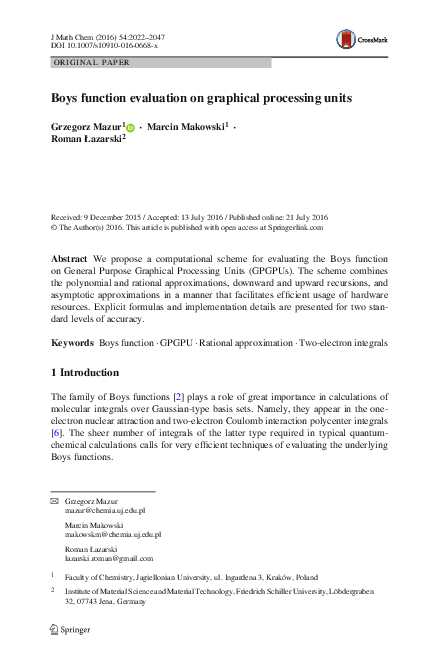 (PDF) Boys function evaluation on graphical processing units