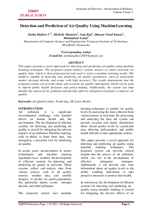 (PDF) Detection and Prediction of Air Quality Using Machine Learning