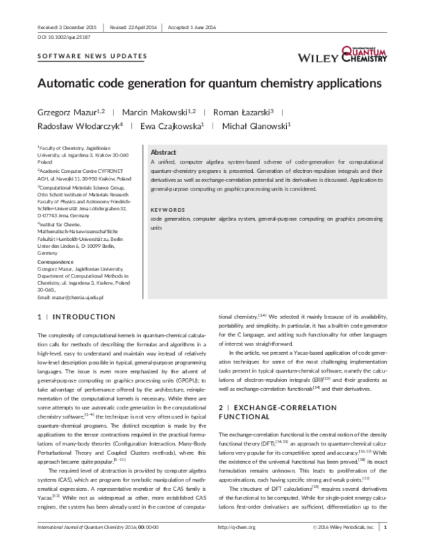 (PDF) Automatic code generation for quantum chemistry applications