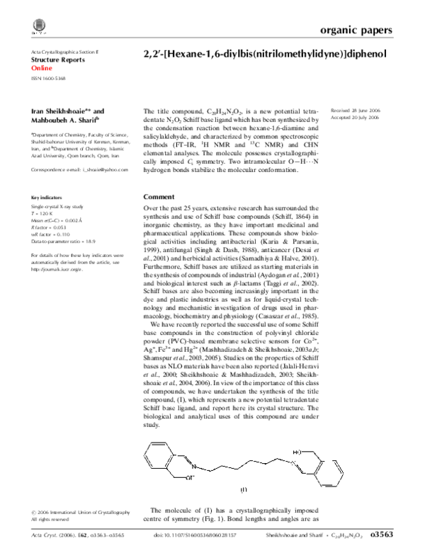 (PDF) 2,2′-[Hexane-1,6-diylbis(nitrilomethylidyne)]diphenol