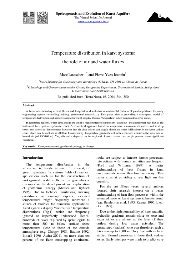 (PDF) Temperature distribution in karst systems: the role of air and water fluxes