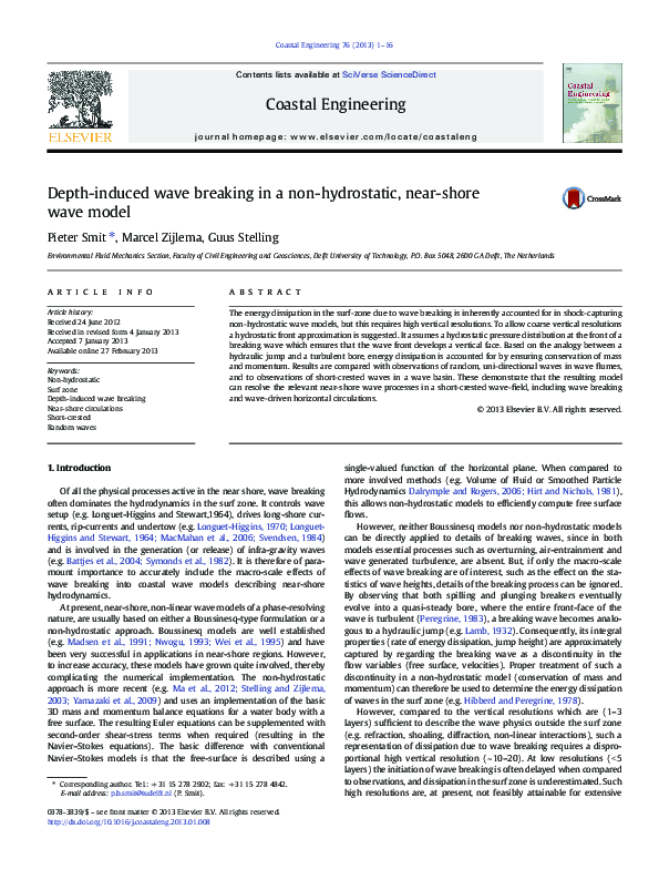(PDF) Depth-induced wave breaking in a non-hydrostatic, near-shore wave model | Guus Stelling ...