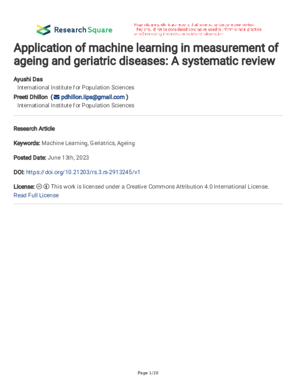 Pdf Application Of Machine Learning In Measurement Of Ageing And Geriatric Diseases A
